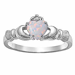 Fidelity: 0.765ct Heart-cut White Created Opal Dublin Claddagh Promise Ring Silver, 3185B sz 11.0