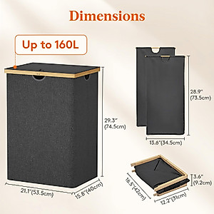 Lifewit 160L Double Laundry Hamper with Lid, Extra Large Bamboo Laundry Basket Dirty Clothes Hamper, 2 Section Laundry Bin Organizer for Laundry Room Bedroom with 2 Removable Liners & Bags, Black