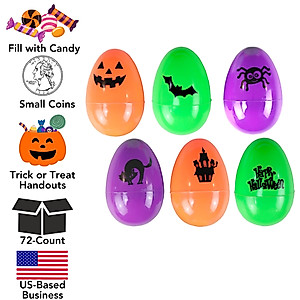 Iconikal 72-Count Halloween Eggs - Durable Plastic Holiday Treat Containers in Orange, Neon Green, and Purple Featuring 6 Different Fun Designs (2.3 x 1.6)