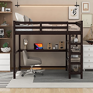 Merax Wood Loft Bed with Desk and Shelves : Twin Size Loft Bed with Storage Shelves and Under-Bed Desk, Twin Loft Bed,Espresso
