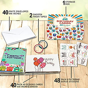 feela Birthday Cards, 40 Pack 40 Designs Happy Birthday Card Assorted Bulk with 40 Blank Envelopes 48 Pieces of Stickers 2 Washi Tapes, 4 X 6 Inches Greeting Cards For Girls Family Friends