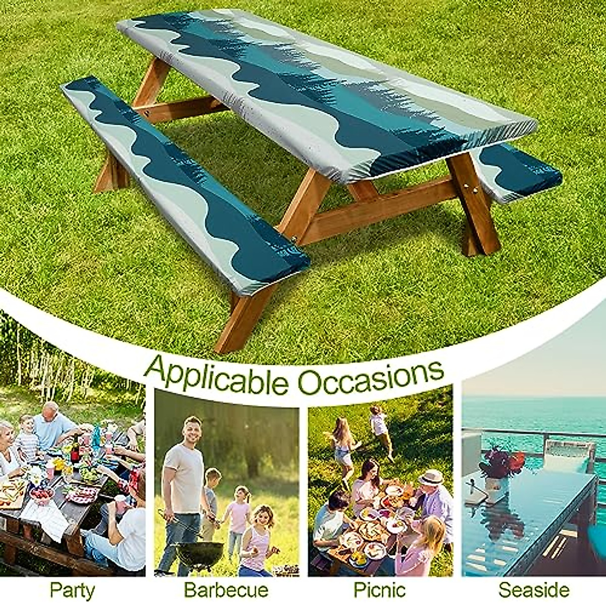 Picnic Table Cover with Bench Covers Camping Essentials Waterproof Windproof Camping Tablecloth with Drawstring Bag, Fitted Rectangle Tables and Seats, 96in, Green Blue
