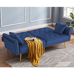 hansones Velvet Futon Sofa Bed,Convertible Sofa Bed with Adjustable Backrest Angles,Sturdy Sleeper Sofa for Living Room and Bedroom (Blue) (2204)