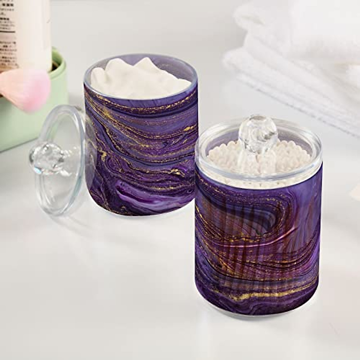 Coikll Purple Marble Qtip Holder with Lid 2PCS Apothecary Jars Storage Containers, Clear Plastic Canister for Cotton Swab,Floss Picks, Cosmetics