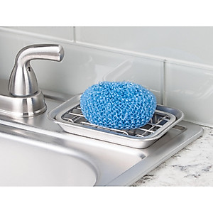 mDesign 2-Piece Soap Dish for Kitchen Sink - Bar of Soap Holder with Drainage Grate for Kitchen - Countertop Caddy Dish Rest for Scrubber, Sponge and Brushes - Unity Collection, 2 Pack, Brushed Chrome