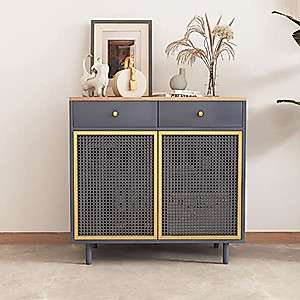 ORRD Modern Buffet Sideboard Cabinet, Iron Rattan Kitchen Accent Storage Cabinet Console Television Table with 2 Doors and 2 Drawers, Buffet Cabinet Accent Cabinet for Living Room Bedroom (Blue)