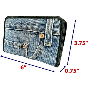Bijoux de Ja Upcycling Blue Denim Bifold Money Zip Coin Card Holder Organizer Compact Wallet for Women