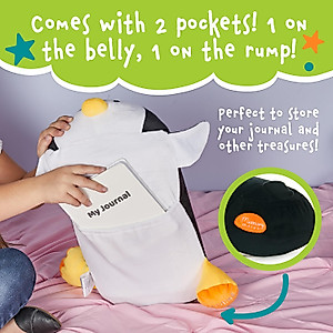 MEMORY MATES Cuddly Memory Foam Pillow Plush with Belly Pocket, Kids Pillow for Hugging Sleeping & Storing Diary, 15” Stuffed Animal & Journal Set - Waddles The Penguin