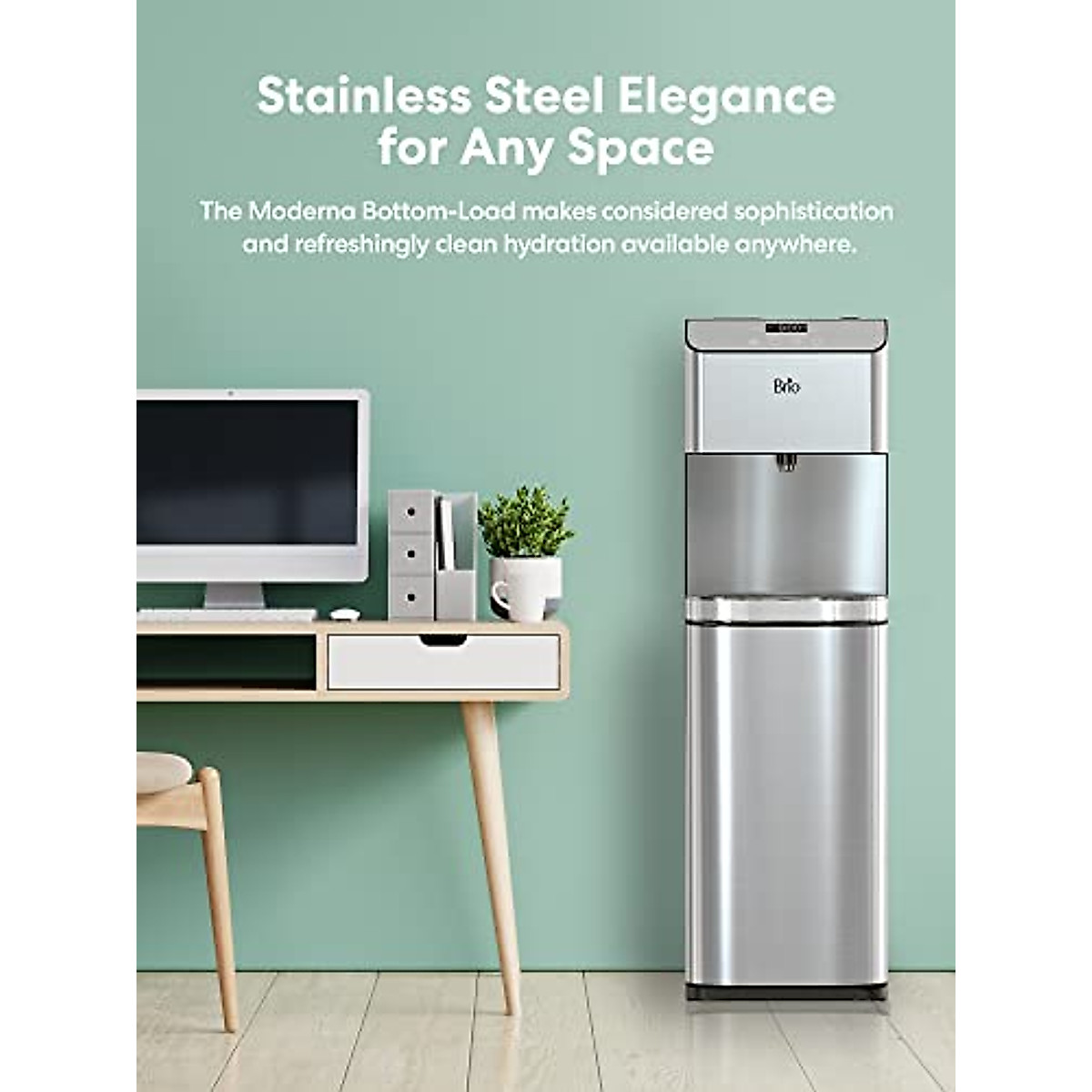 Brio Moderna CLBL720SC Self-Cleaning Bottom Load Water Cooler Dispenser for 3 & 5 Gallon Bottles – Room & Adjustable Hot & Cold, Child Lock, Electronic Display, Silver Stainless Steel