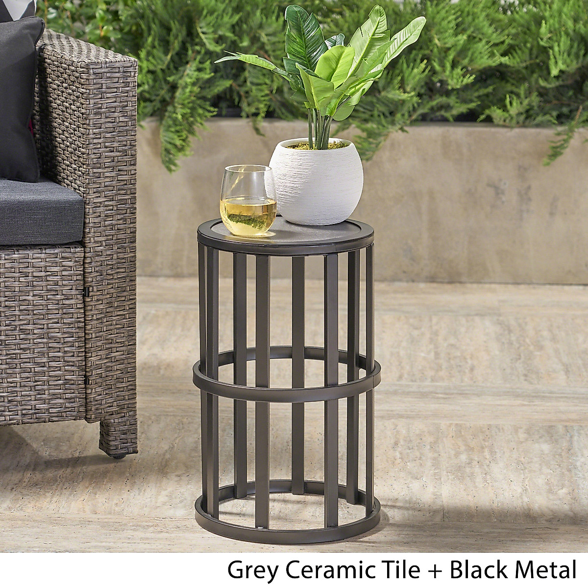 Christopher Knight Home Truda Outdoor 11 Inch Grey Finish Ceramic Tile Side Table, Black Metal