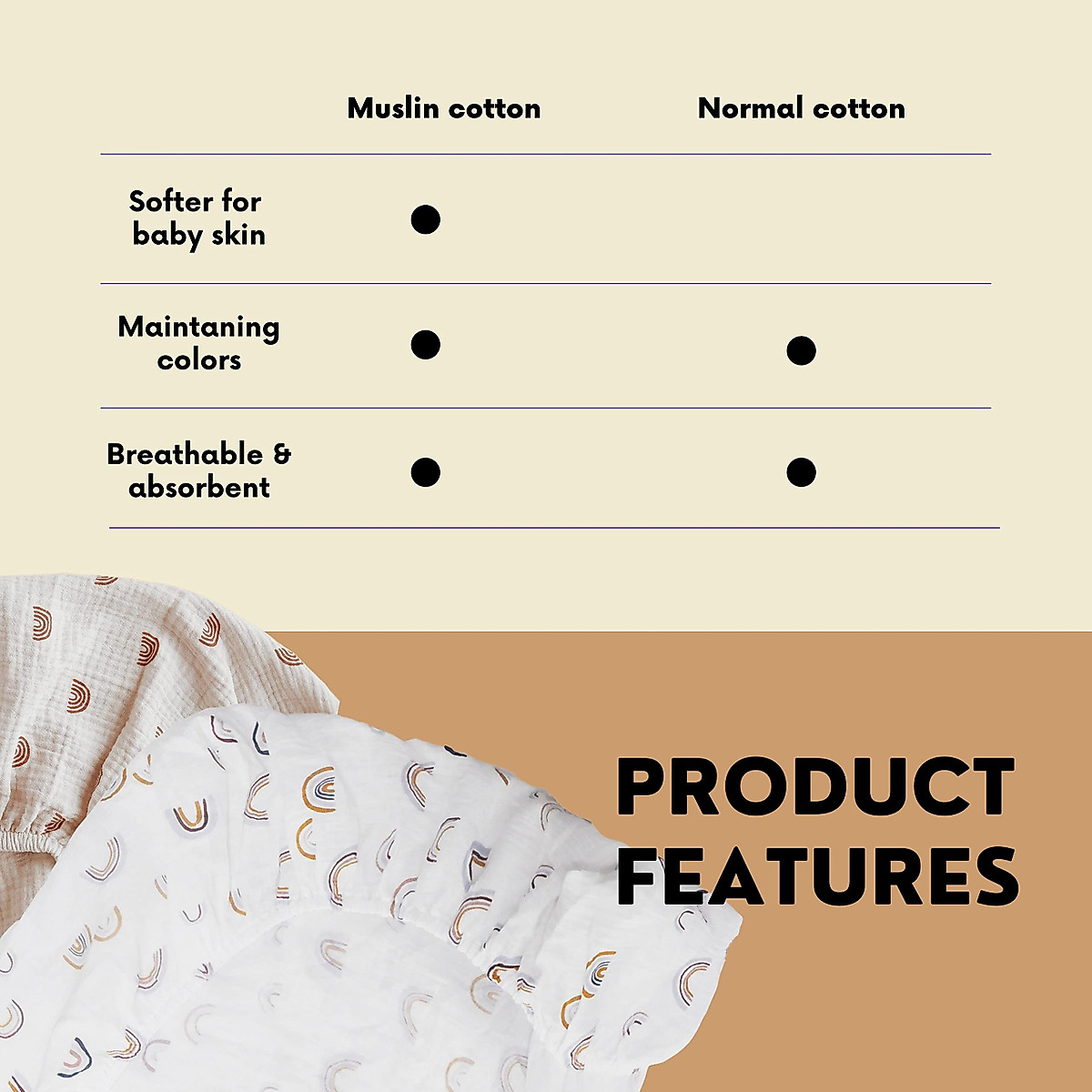 Chippi & Co Little Rainbow Tan Boho Muslin Cotton Fitted Crib Sheet for Baby Standard Size Mattress, boy and Girl Unisex Nursery Bedding 52x28x9''