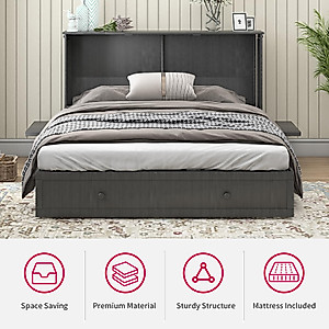 MUZZ Murphy Bed, Queen Size Cabinet Bed with Folding Foam Mattress, Foldable Space-Saving Cube Murphy Bed with Charging Station and Large Storage Drawer (Grey)