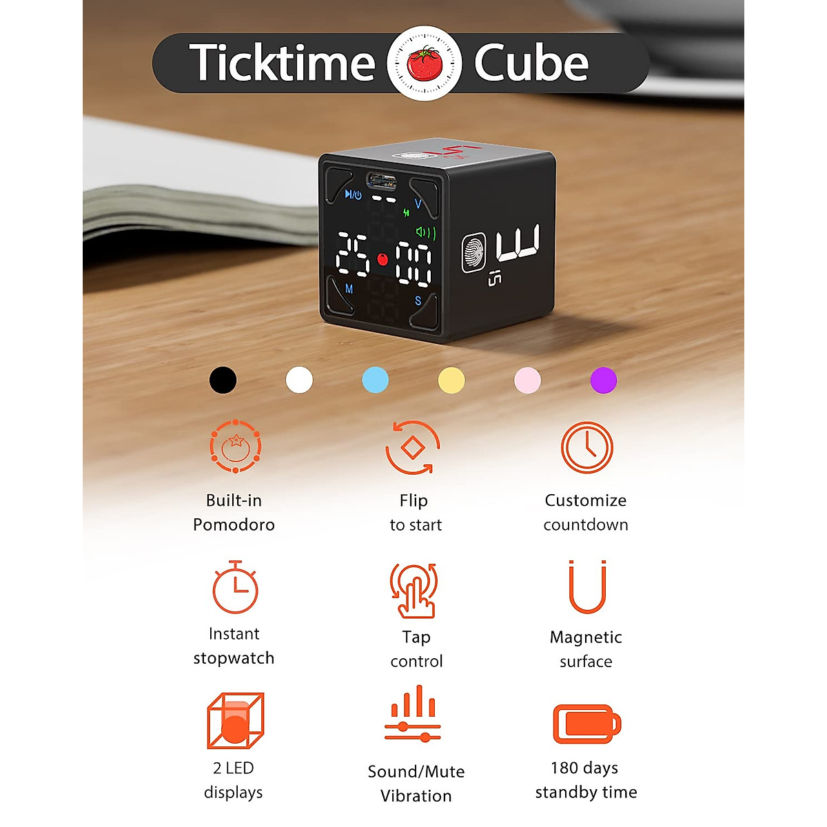 Ticktime Cube Pomodoro Timer, Productivity Timer, Pause & Resume, Mute, Vibration & Adjustable Sound Alert, for Task, Work, ADHD, ADD, Meeting, 1/3/5/10/15/25/45/60min & Custom Countdown - Black