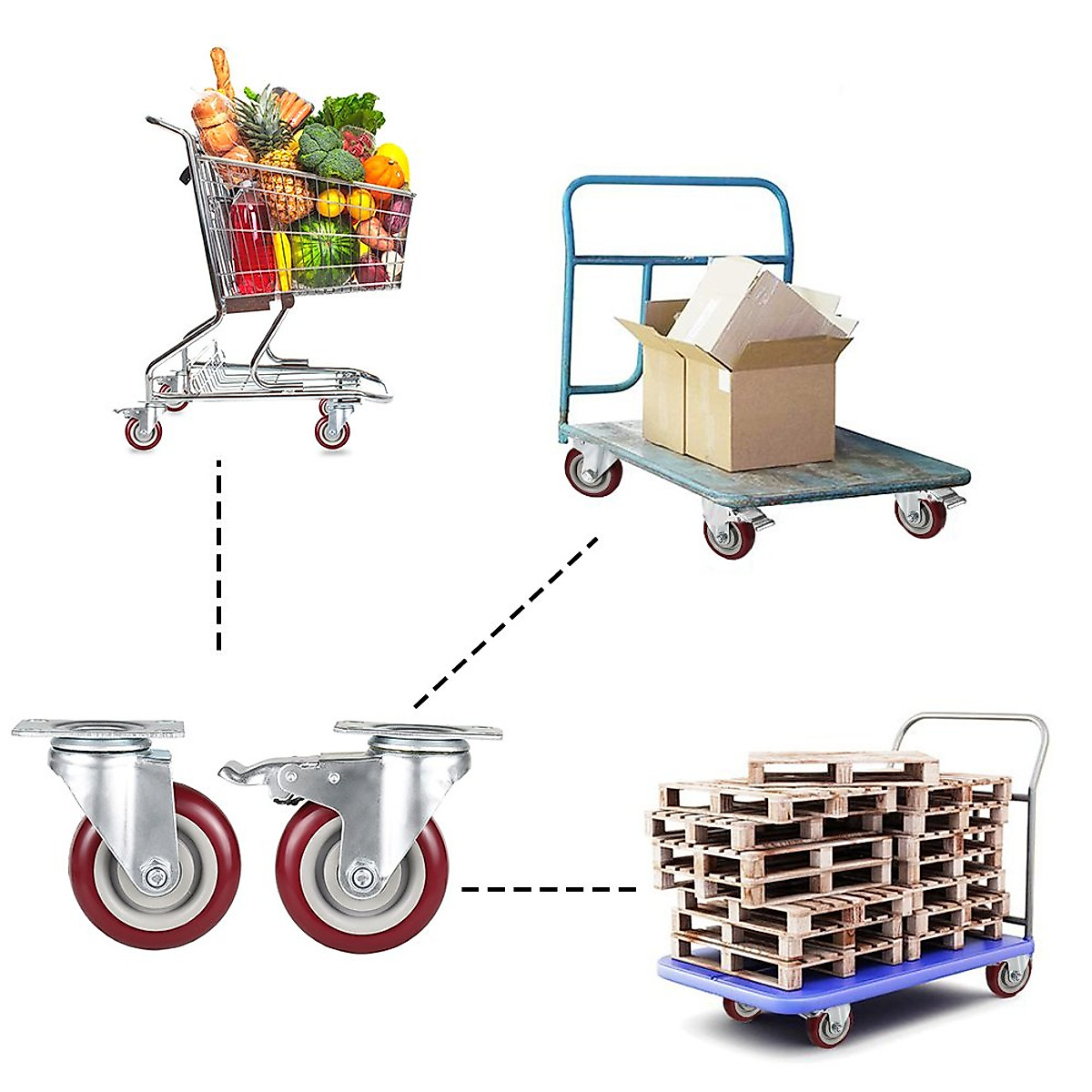 4 Inch Caster Wheels, Set of 4, Heavy Duty Casters Load 2400lbs with Brakes & Top Plate, 360-degree Swivel Casters for Furniture and Workbench Cart (Free Hardware Kit)