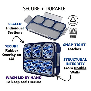 Bundle of Camo Lunch-Box for Boys 4 Compartments (Blue Camouflage) + Camo Lunch Box for Boys Kids Men with Ice Pack (Blue Black Camouflage)