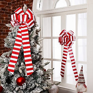 WILLBOND Christmas Red White Bow Red White Stripe Christmas Candy Cane Pattern Burlap Large Wreath Ribbon Bow Decorative for Tree Holiday Decoration Supplies, 25.6 x 9.8 Inch