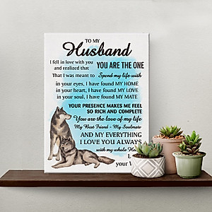 OEWD Romantic to My Husband I Fell in Love with You Canvas Wall Art Poster Print Gift, Watercolors Wolf Husband Painting Ready to Hang Home Decor (11.5" x 15")
