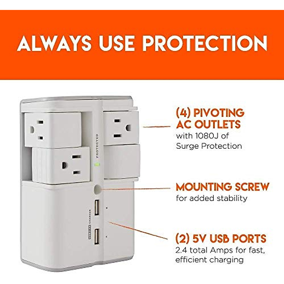 ECHOGEAR USB Wall Charger Surge Protector with 4 Pivoting AC Outlets & 2 USB Ports – Packs 1080 Joules of Surge Protection & Installs On Existing Outlets to Protect Gear & Increase Outlet Capacity