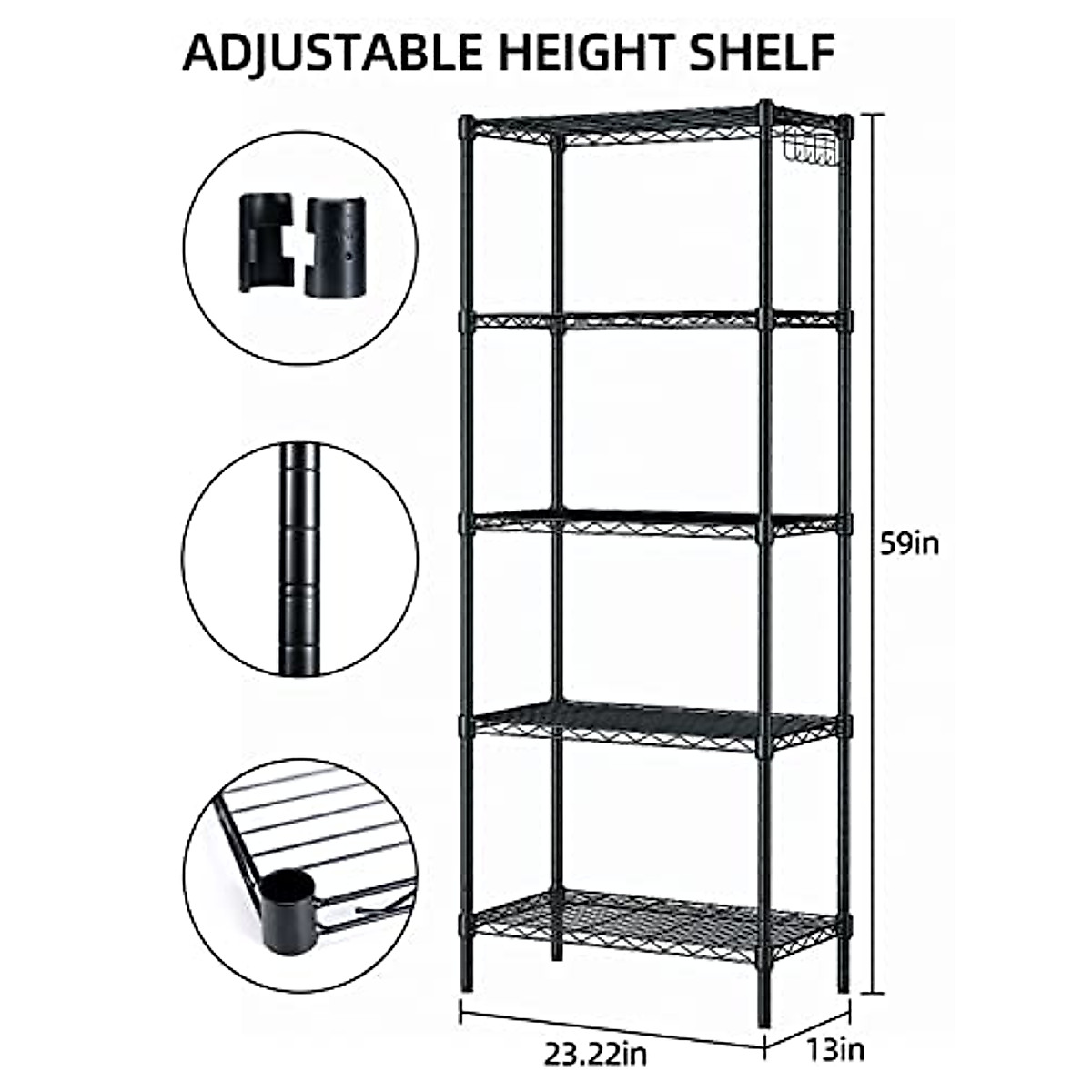 DABUFOY 5 Tier Metal Shelving, Kitchen Shelves, Adjustable Storage Shelves Heavy Duty, Wire Rack Shelf Garage Organizer, Standing Storage Shelf Units for Bathroom Pantry (Black, 23.22L x 13W x 59H)