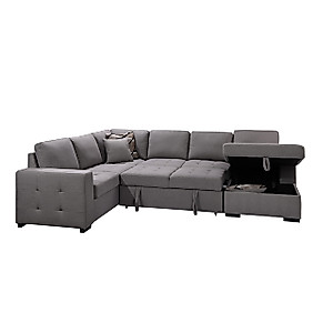 Eafurn U Shaped Sectional Pull Out Bed and Storage Chaise, Oversized Convertible Sleeper Detachable Cushion Back,Comfy Upholstered Sofa & Couch Sofabed for Living Room, Grey 6 Seater 123"