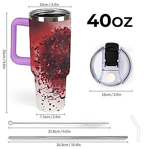 LLUTSNTH 40 Oz Vacuum Tumbler with Violet Handle Leakproof Insulated Tumbler Red Love Heart Tree Stainless Steel Travel Mug with Lid And Straw Coffee Cup Cute Water Bottles Cup Holder Friendly