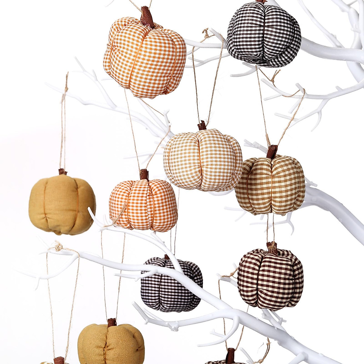 Hiboom 12 Pcs Farmhouse Fall Thanksgiving Decor Plaid Fabric Acorns Pumpkin Hanging Ornaments Autumn Tray Table Decor Thanksgiving Tree Decoration (Pumpkin)