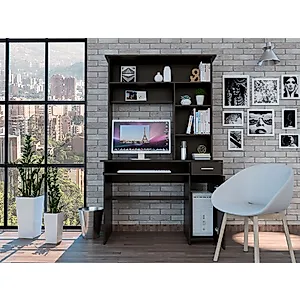 Bellemave Computer Desk with Hutch and Keyboard Tray, Home Office Desks with Drawers and Storage Shelves, Writing Study Desk Table, Modern Compact Workstation, Black