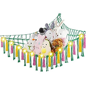 FAIRYBIRD Stuffed Animal Net or Hammock with Wool Tassel, Macrame Stuffed Animal Storage Organizer, Hanging Toy Hammock for Stuffed Animals or Plushies, Corner Toy Storage Holder for Bedroom