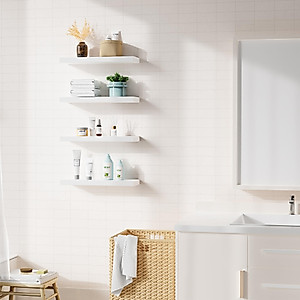 Bellsal Floating Shelves for Wall, White Engineered Wood Wall Shelf Set of 4, 16" Wall Mounted Floating Shelf for Kitchen, Living Room, Bedroom, Bathroom Storage, Book Shelf for Wall Home Decor