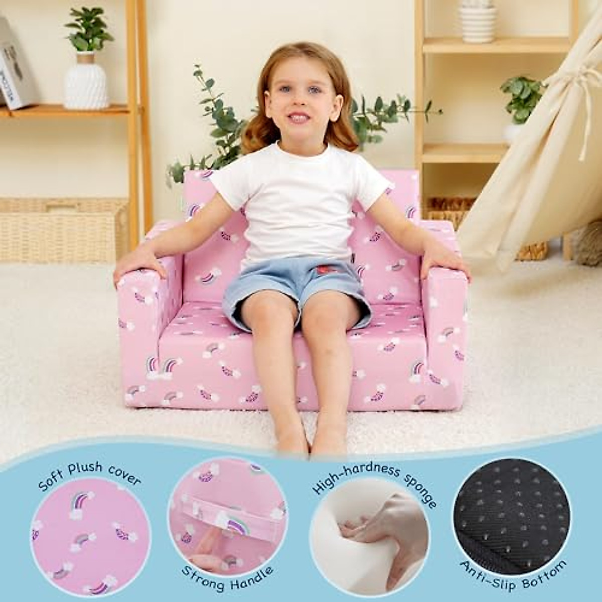 MallBest Kids Sofas Toddler Couch Bed Baby's Upholstered Chair Sleepover Couch Flipout Open Recliner(Pink/Rainbow)