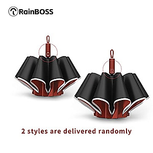 RainBOSS Automatic Travel Umbrella with 10 Ribs, Large Windproof Umbrellas for Rain & Sun, Compact Folding Inverted Umbrella with Reflective Stripe, Wine red