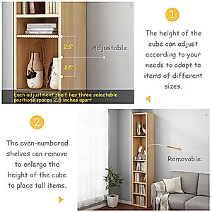 IOTXY Small Narrow Corner Bookcase - 59 Inches Tall Gap Freestanding Storage Cabinet, 7 Lattices Open Shelves Tower Rack, Cubes Bookshelf in Oak