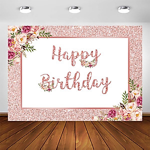 Avezano 6x5ft Rose Gold Birthday Backdrop Pink Glitter Flowers Happy Birthday Party Decorations 16th 21st Birthday Photography Background for Women and Girls Floral Photo Booth Banner