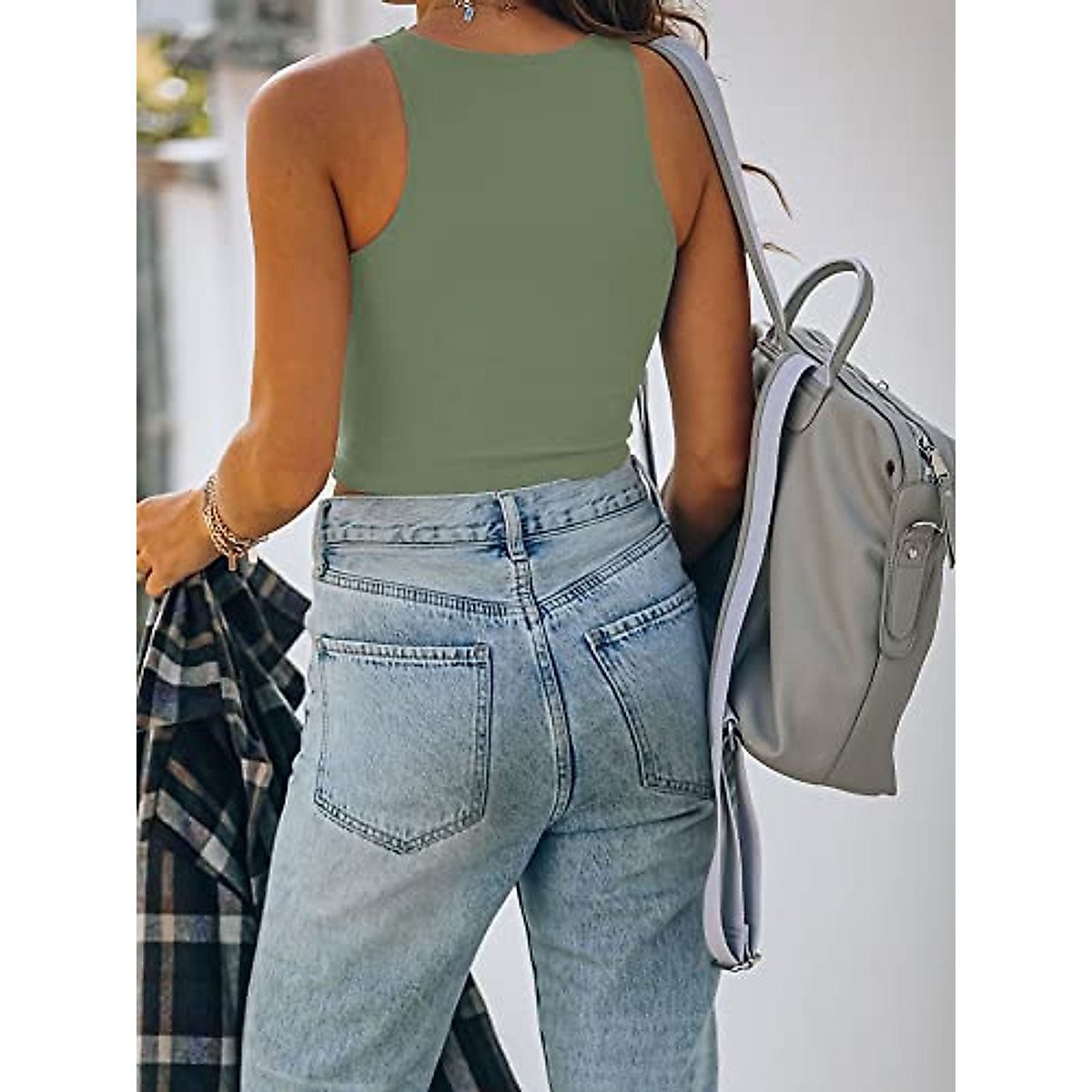 Women’s Sexy Sleeveless High Neck Racerback Cropped Tank Tops Cute Teen Girls Halter Neck Crop Tops Vest Olive Green Medium