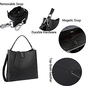 HESHE Leather Womens Handbags Tote Top Handle Bucket Bag Shoulder Bags Satchel Ladies Purses Crossbody Bag (Black-Top Grain Leather)