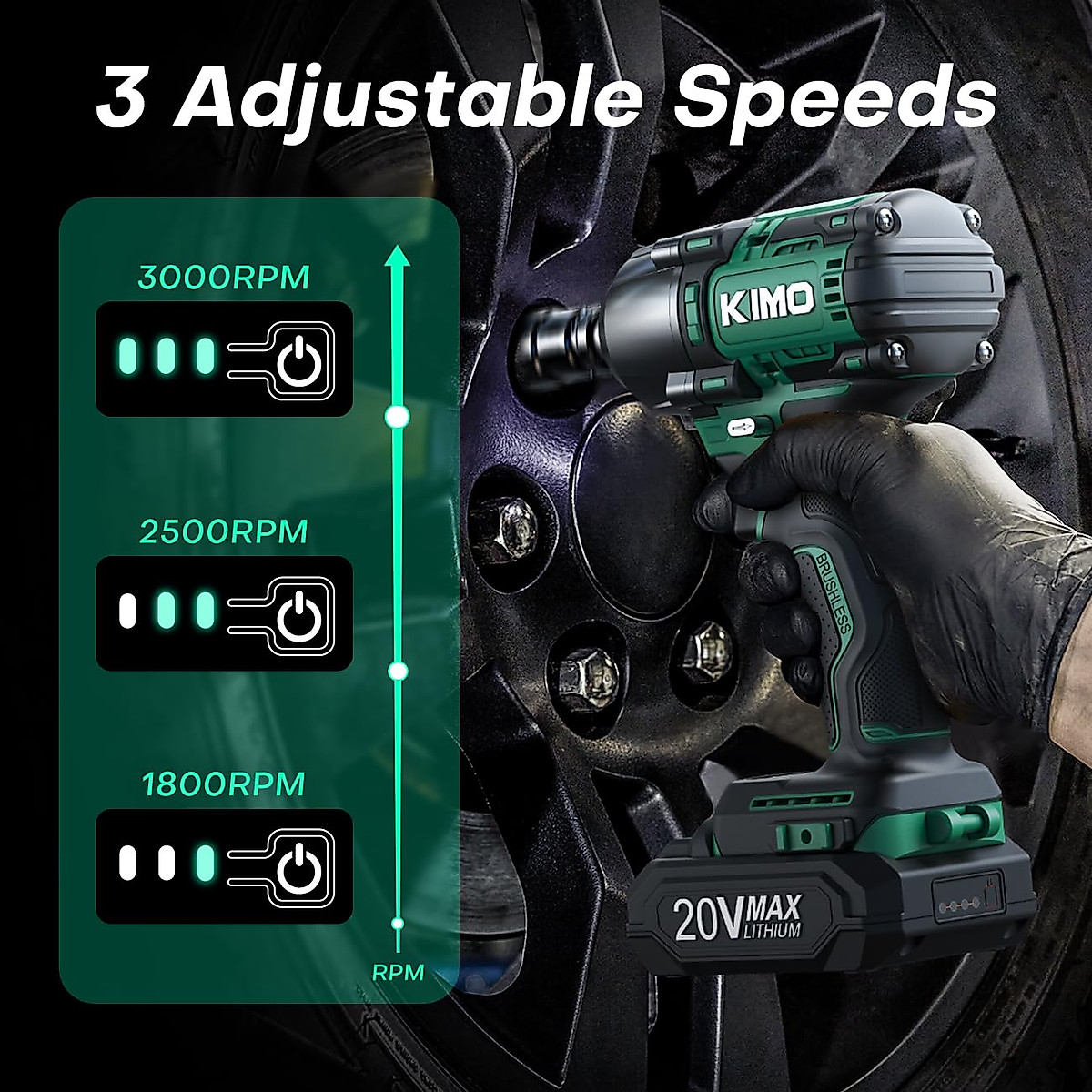 KIMO Cordless Impact Wrench 1/2", Brushless Impact Driver with 400 ft-lb Max Torque, 3000 RPM, 20V Electric Impact Wrench with 1 Hour Fast Charger & Variable Speeds, 1/2 Impact Gun for Car Home