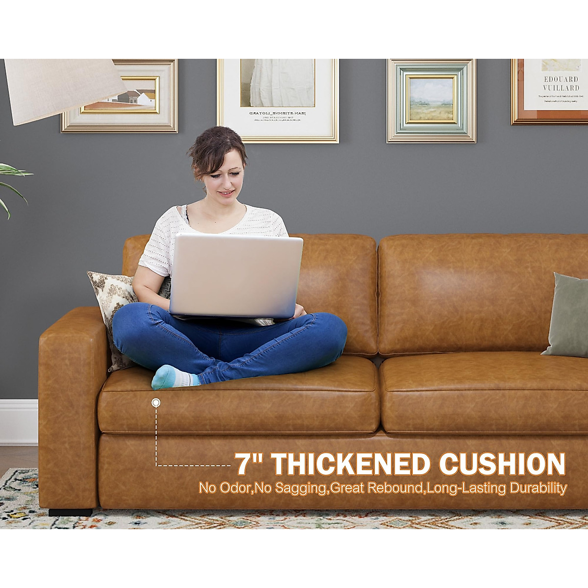 ABCASA 85" Faux Leather Couch with Padded Cushions, Mid-Century Modern Sofa with Extra Deep Seats, 3-Seater Sofa Couch for Living Room Apartment Lounge, Brown