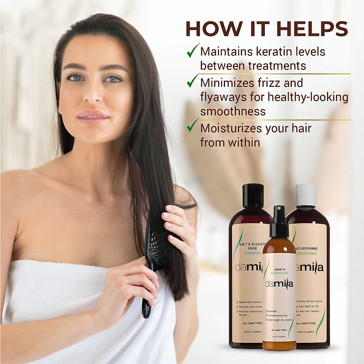 Damila Salt and Sulfate Free Shampoo & Conditioner, 16.9 fl oz & Leave In Conditioner, 8.11 fl oz Bundle