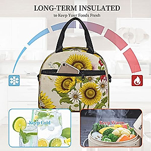 NOLACE Bees Sunflowers Daisy Rose Flowers Lunch Bag For Women & Men Adjustable Shoulder Strap,Leak Proof,Tote Bag For Office Work,Picnic