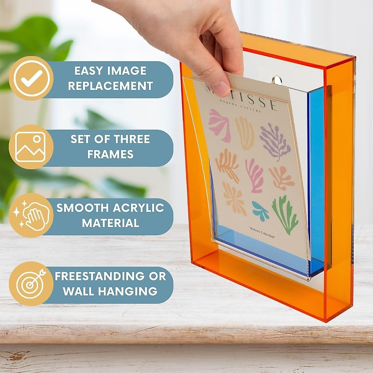 Una Haven Set of 3 Acrylic Floating Picture Frames, Color Block Unique Acrylic Decor (4x6 inch) Eclectic Cute Neon Photo Frame Set with Matisse Wall Art Included