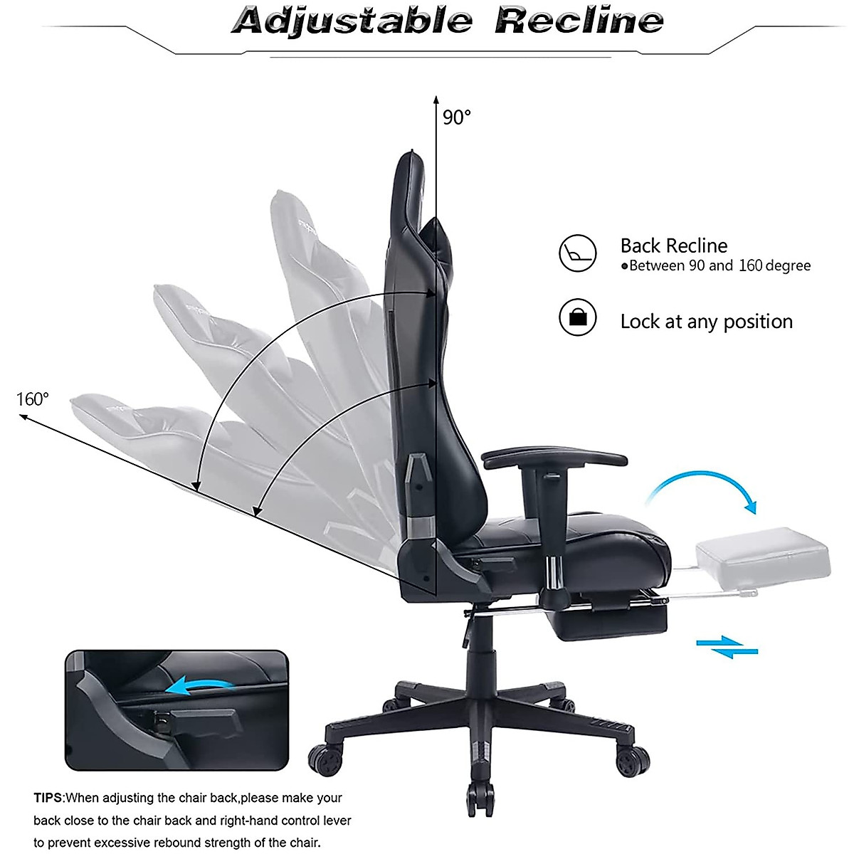 GTRACING Gaming Chair for Adults, Racing Style Computer Chair with Footrest, Adjustable Reclining Backrest and Lumbar Support, Stylish High Back Chair for Gaming and Office (Black)