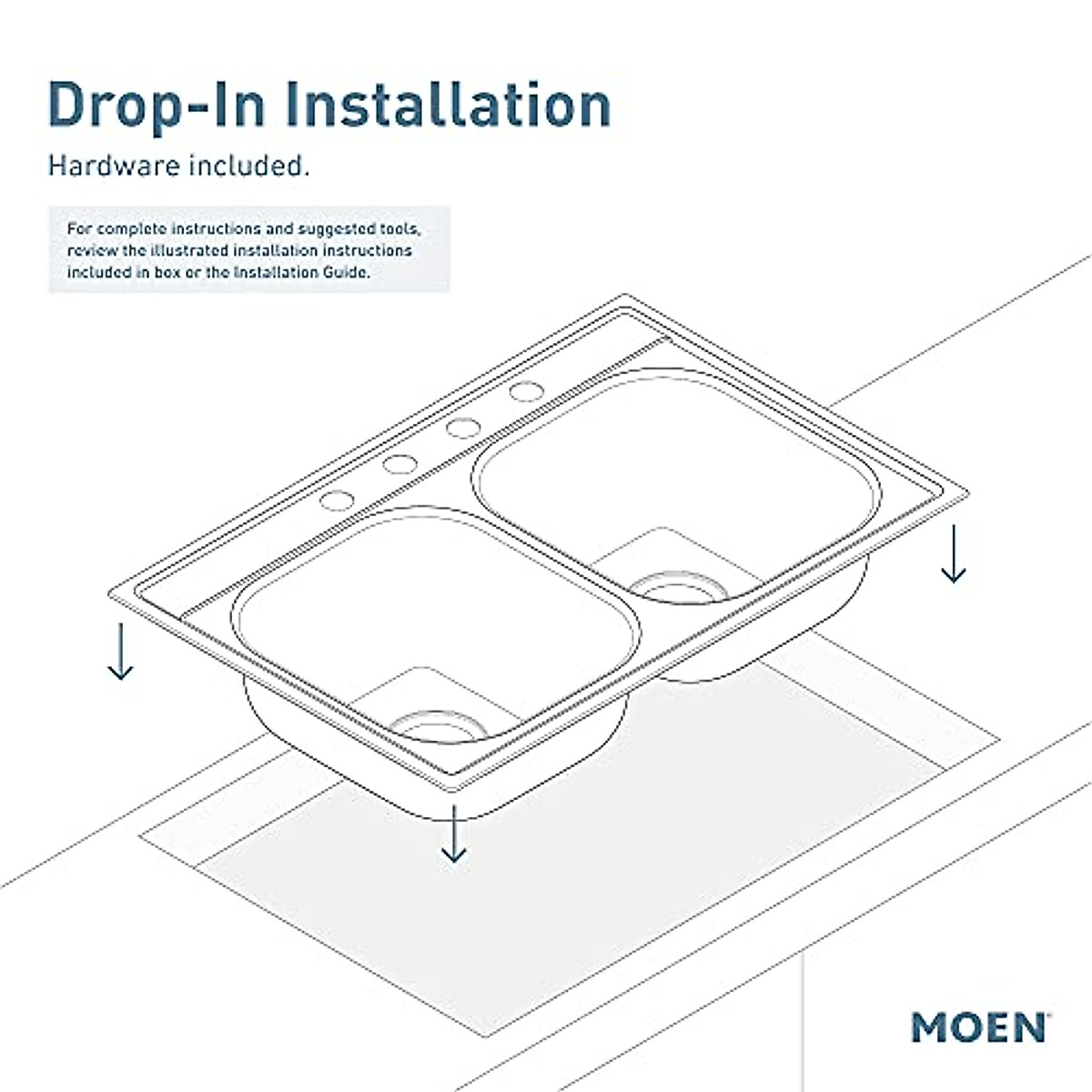 Moen GS202154BQ 2000 Series 33-inch 20 Gauge Drop-in Double Bowl Stainless Steel Kitchen Sink, 4 Hole, Featuring QuickMount