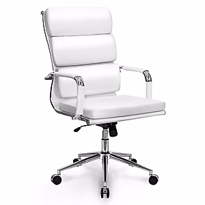 NEO CHAIR Office Desk Ergonomic Chair Leather Executive High-Back Modern Conference Comfy Adjustable Padded Swivel Rolling Home Vanity Chairs with Arms Wheels (White)