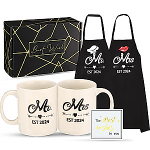 DDOFAH Mr and Mrs Est 2024 Mug and Apron Set, Wedding Engagement Anniversary Bridal Shower Gifts for Couple Mr and Mrs Smith Bride Groom Husband Wife Newlyweds Gifts