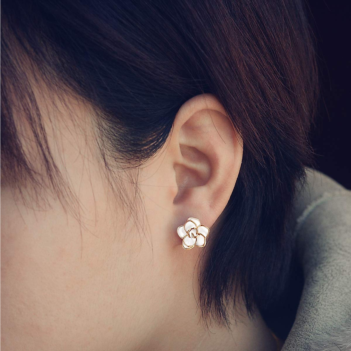 Flower Stud Earrings Hypoallergenic for Women - 18K Gold Plated Rose Earrings for Sensitive Ears, Nickel Free (Large White)