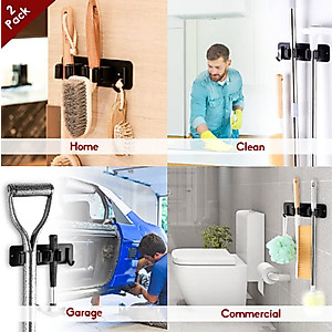NisuAM 2 Pack Broom Holder Wall Mount with 2 Slots 1 Hooks, Broom Hanger Self Adhesive, Garage Organization Garage Storage Stainless Steel Broom Mop Organized Wall Mounted Garage,Laundry room