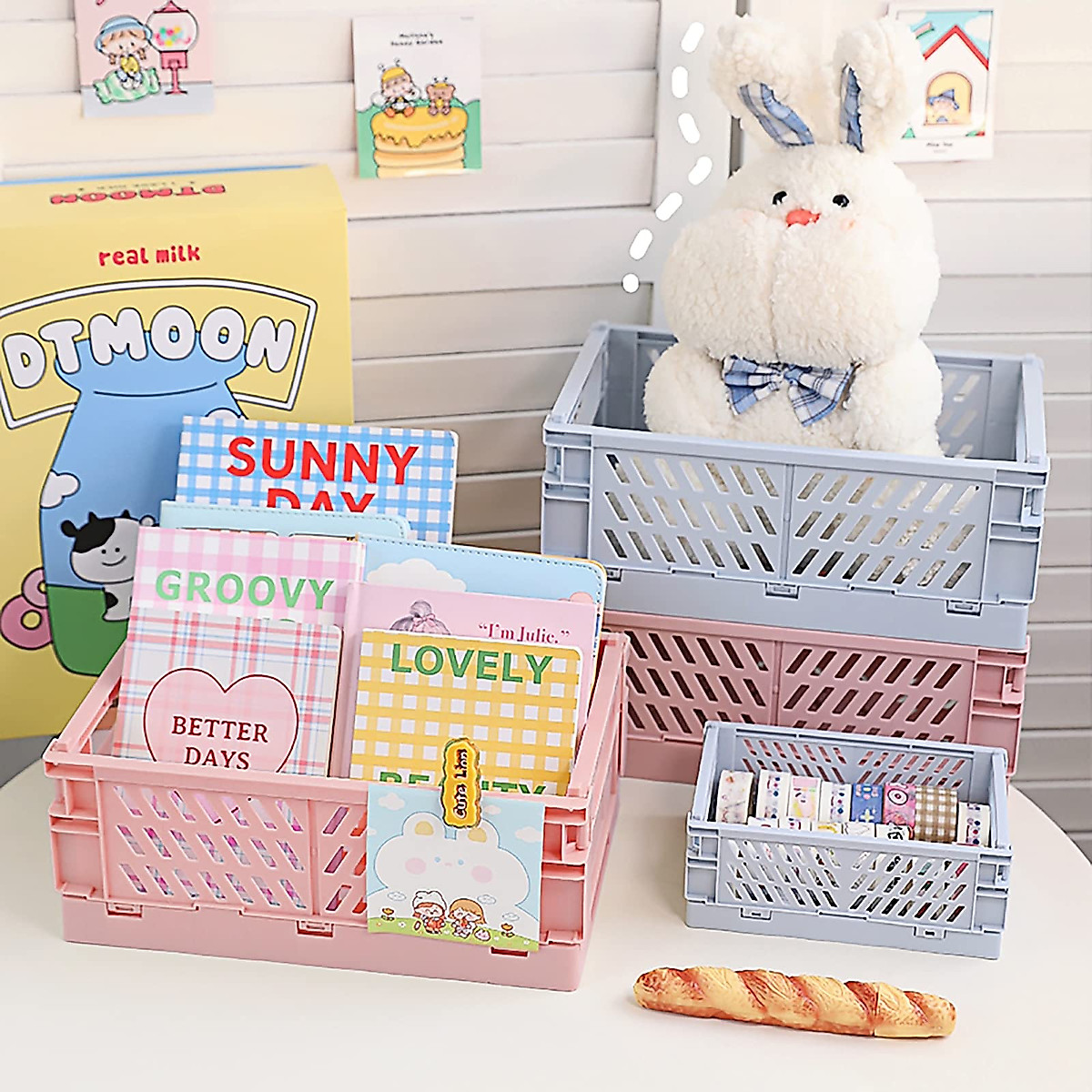 Weraher Plastic Storage Baskets for Desk Organizing, Office Drawer Organizer, 2 Medium+2 Small Durable Folding Storage Crate for Home Kitchen Classroom Office Bedroom and Bathroom Storage (White)