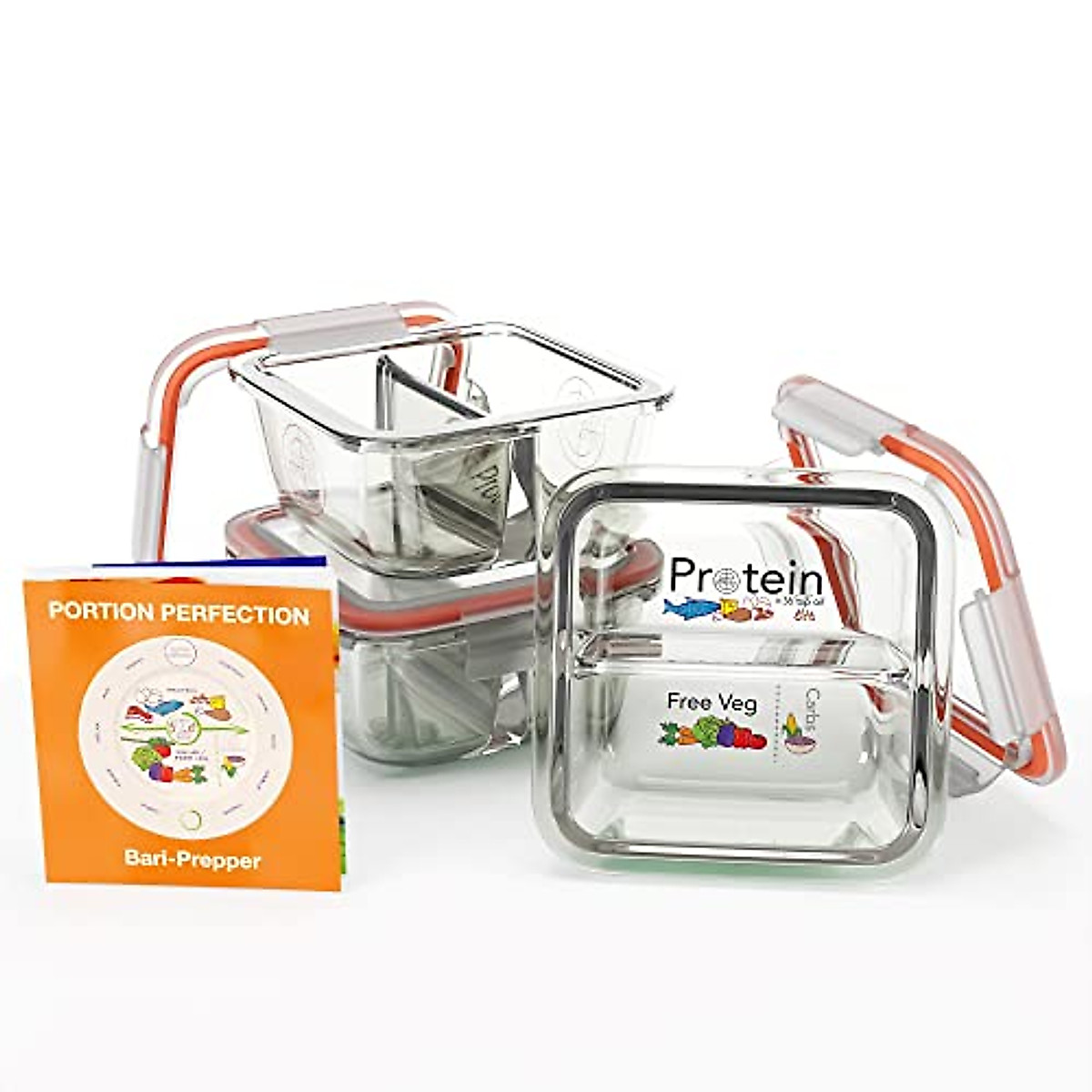 Bariatric Portion Control Lunchbox/Meal Prep Glass Containers 3pk with 100 Cal Snack Container Set, Practical Meal Prep, Gastric Sleeve, Bypass or Band with Protein, Carbs & Veg