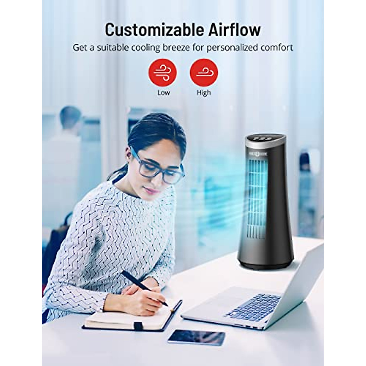 PARIS RHÔNE Small Tower Fan, 75° Oscillating Tower Fan with 2 Speeds, 12'' Cooling Desk Table Fan Portable Bladeless Fan for Bedroom Home Office Desktop