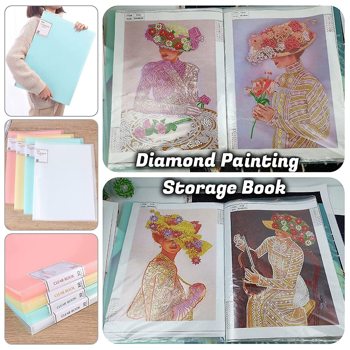 A3 Diamond Painting Storage Book, 60 Views Art Portfolio Presentations Folder with 30 Pages Protectors, 17.3x12.8in